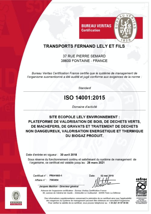 Certifications ISO14001 - Lely Environnement